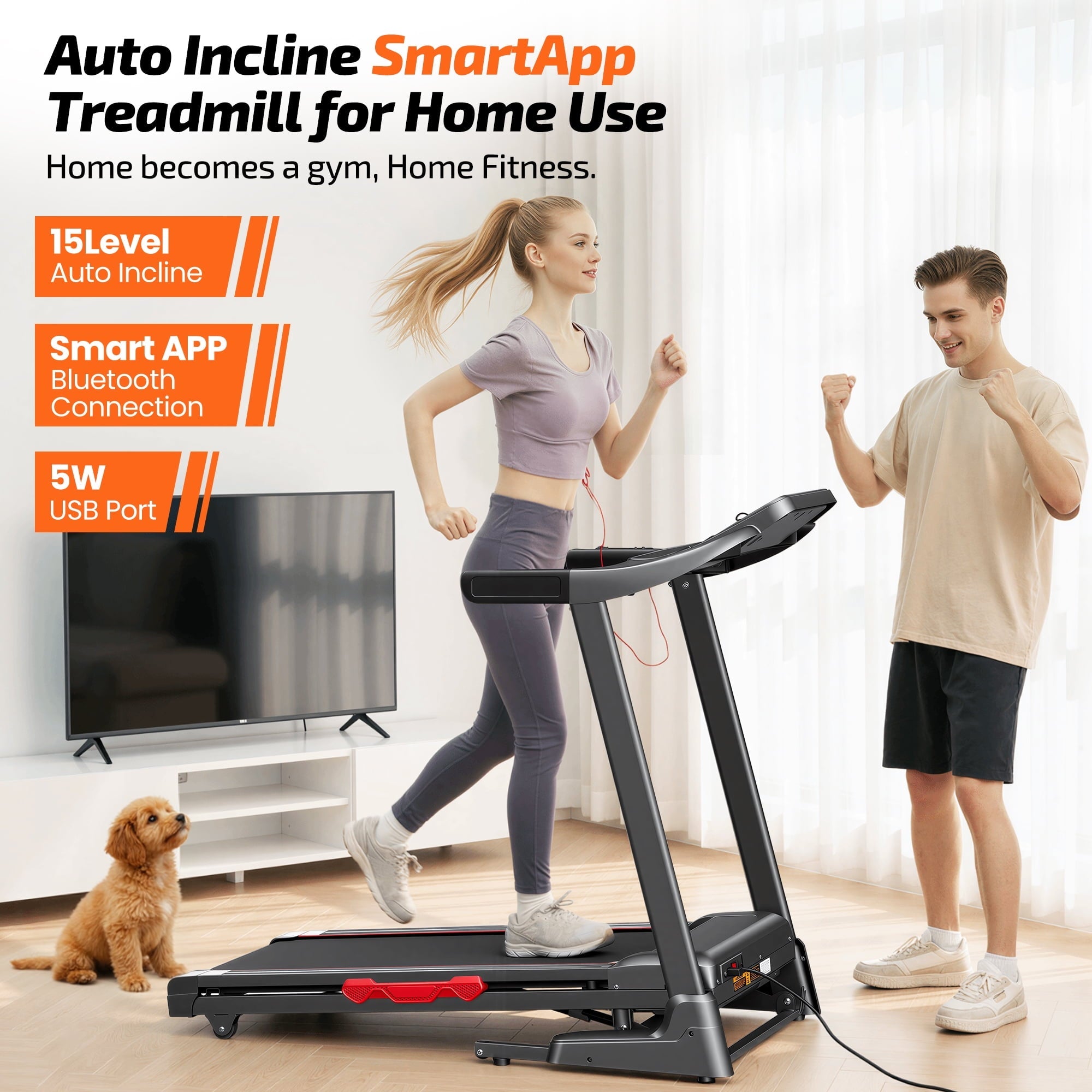 Naipo 15 Level Auto Incline Treadmill with Smart APP&5W USB &LED Displ